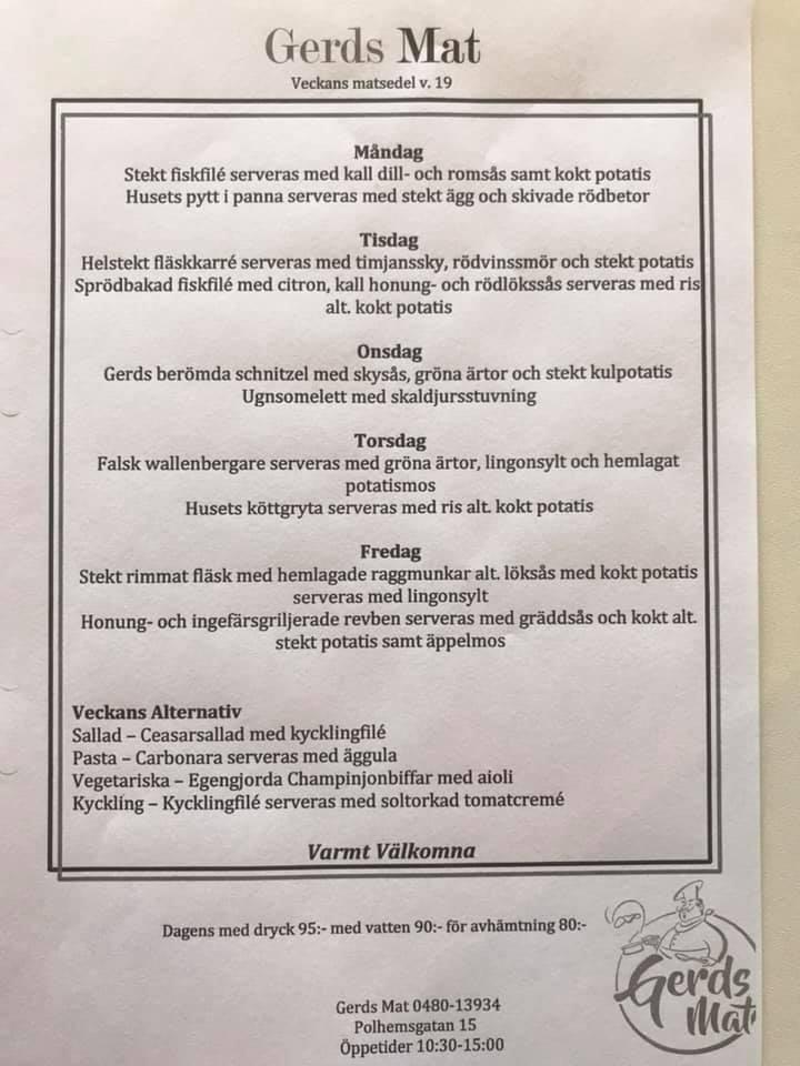 Menu at Gerds Mat restaurant, Kalmar