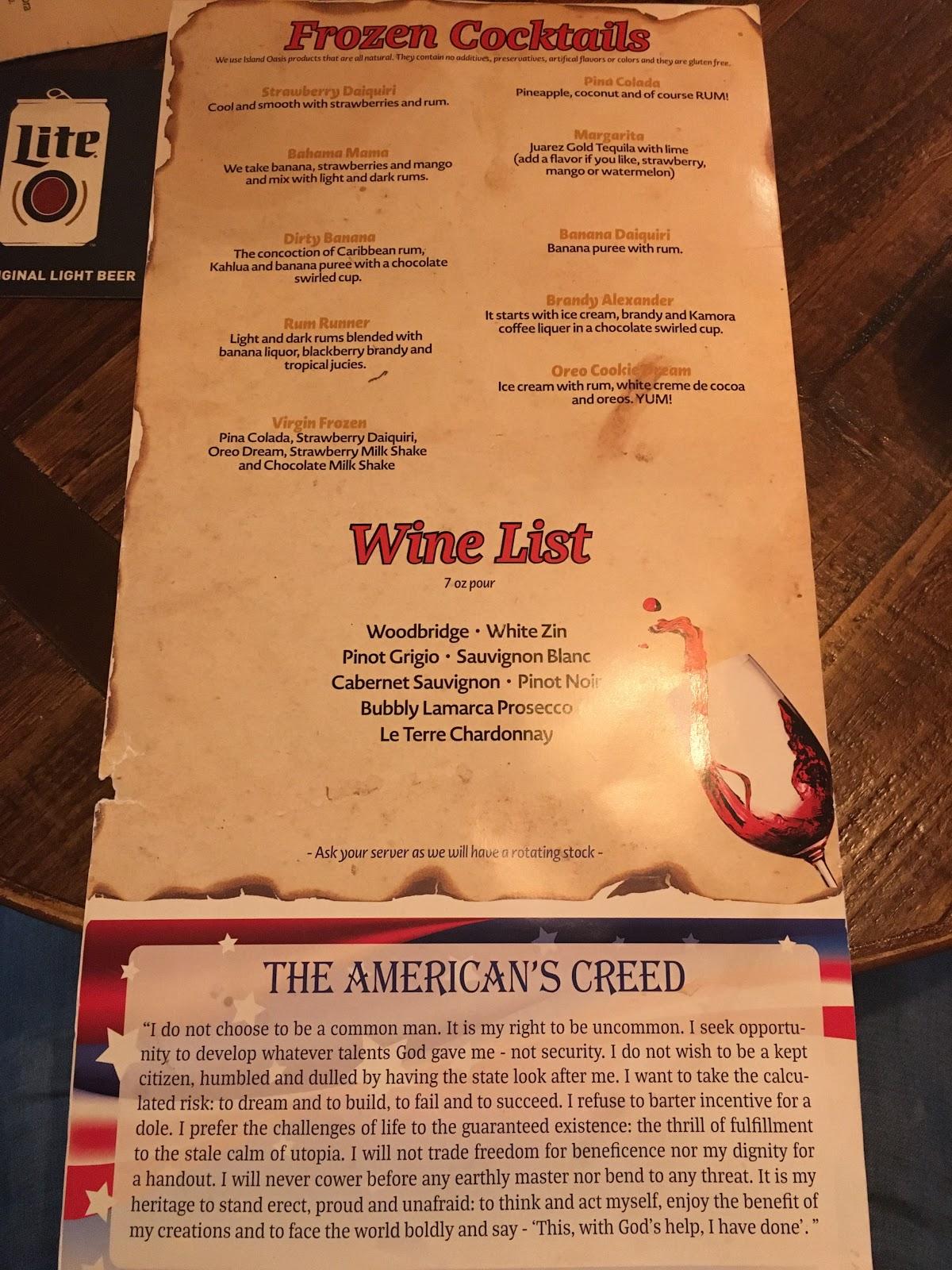 Menu at St. Johns Tavern restaurant, Crystal River