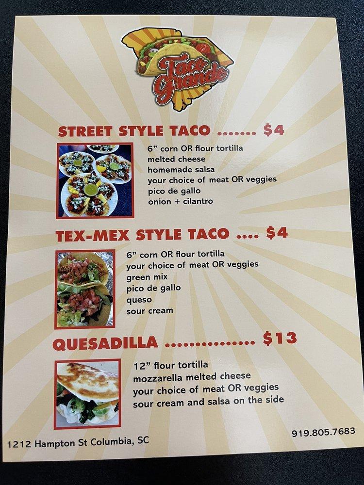 Menu at Taco Grande restaurant, Columbia