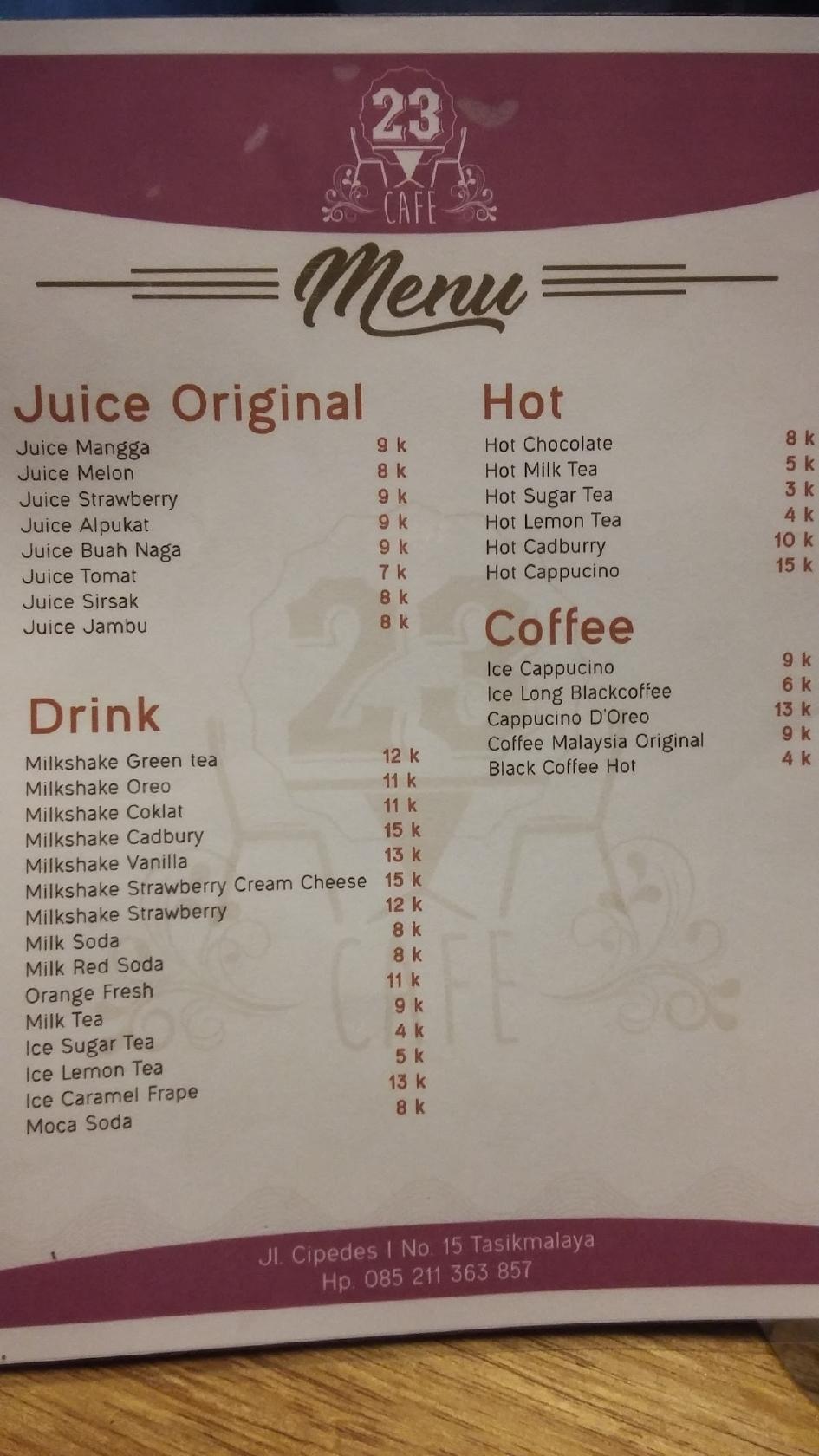 Menu at 23 Mini Cafe, Tasikmalaya