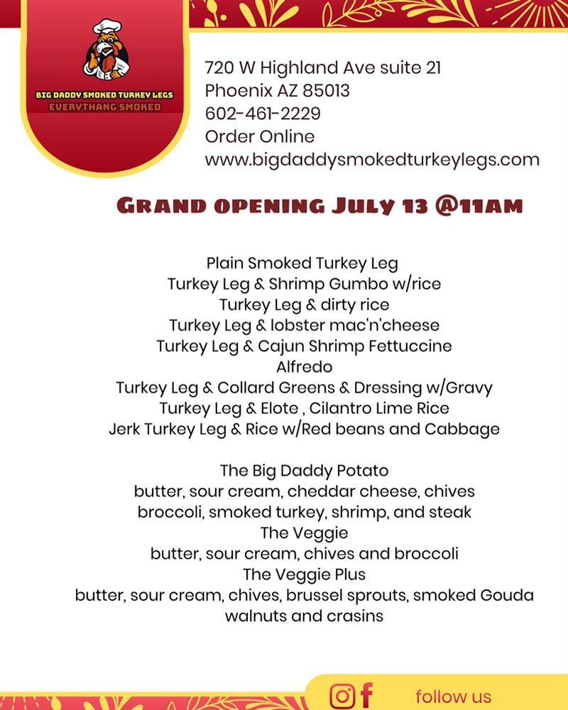 Menu at Big Daddy Smoked Turkey Legs restaurant, Phoenix
