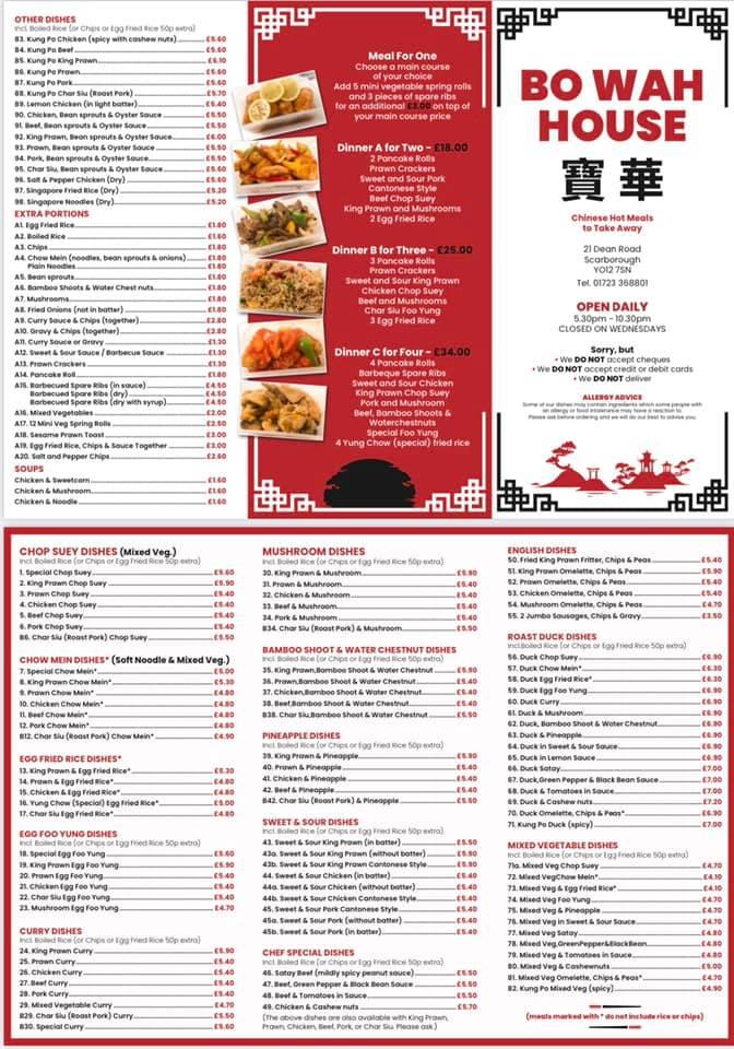 Menu at Bo Wah Chinese restaurant, Scarborough