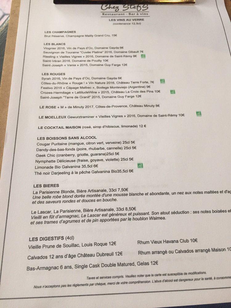 Menu at Chez Stef's pub & bar, Versailles