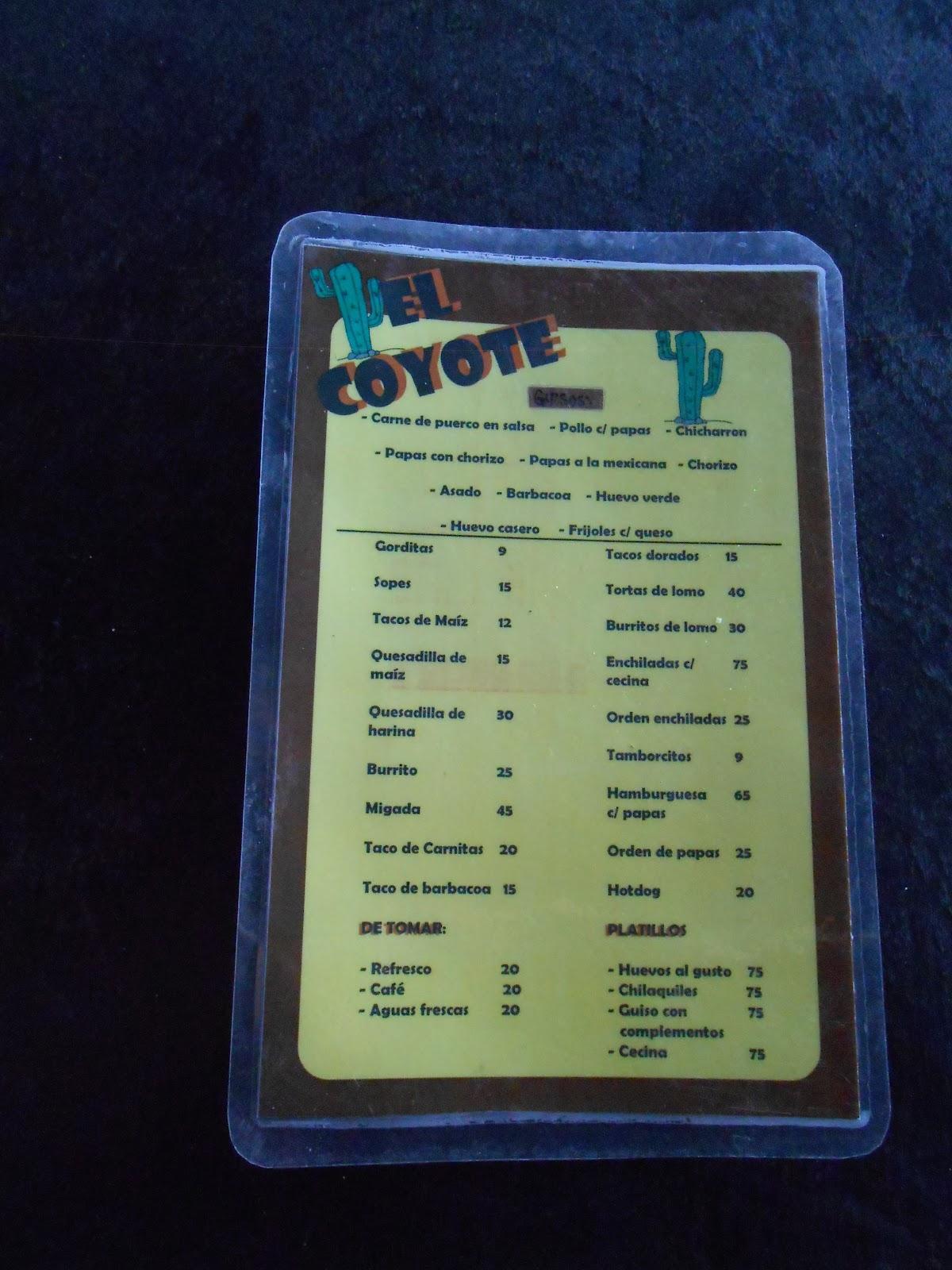 Menu at El Coyote restaurant, Rioverde