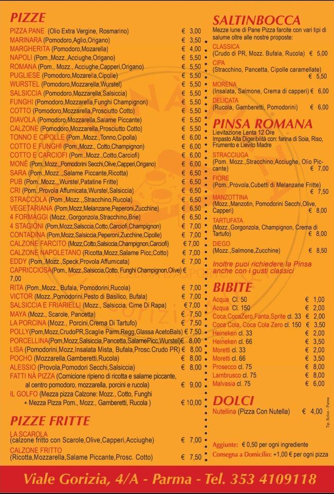 Menu at Pizzeria della Cisa, Fornovo di Taro