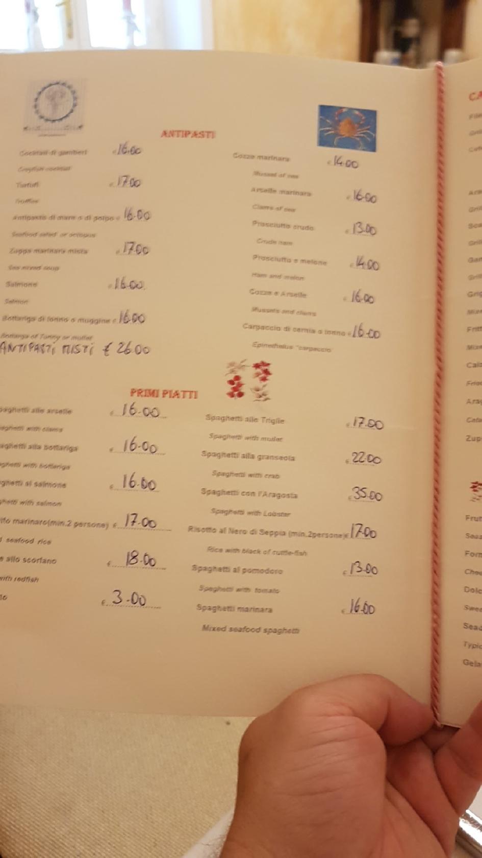 Menu at La Taverna restaurant, Palau