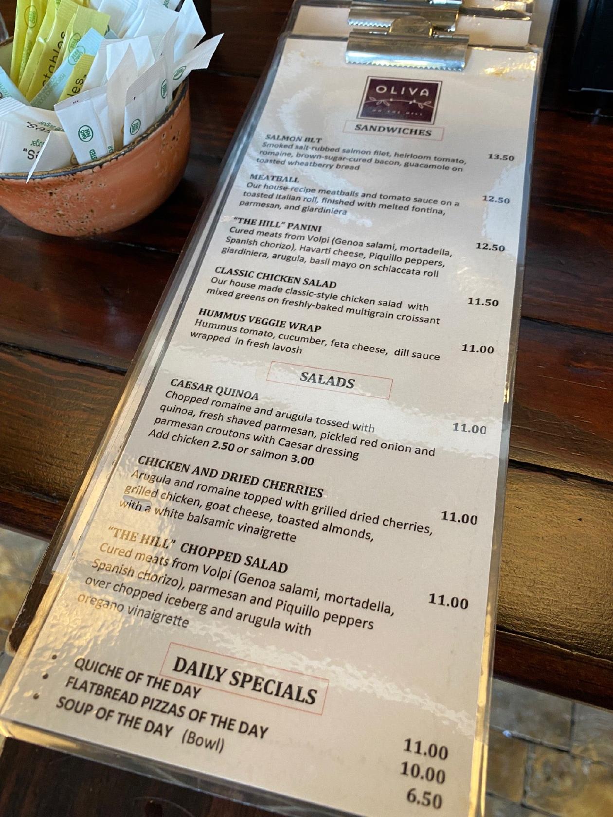Menu at Oliva on the Hill restaurant, St. Louis