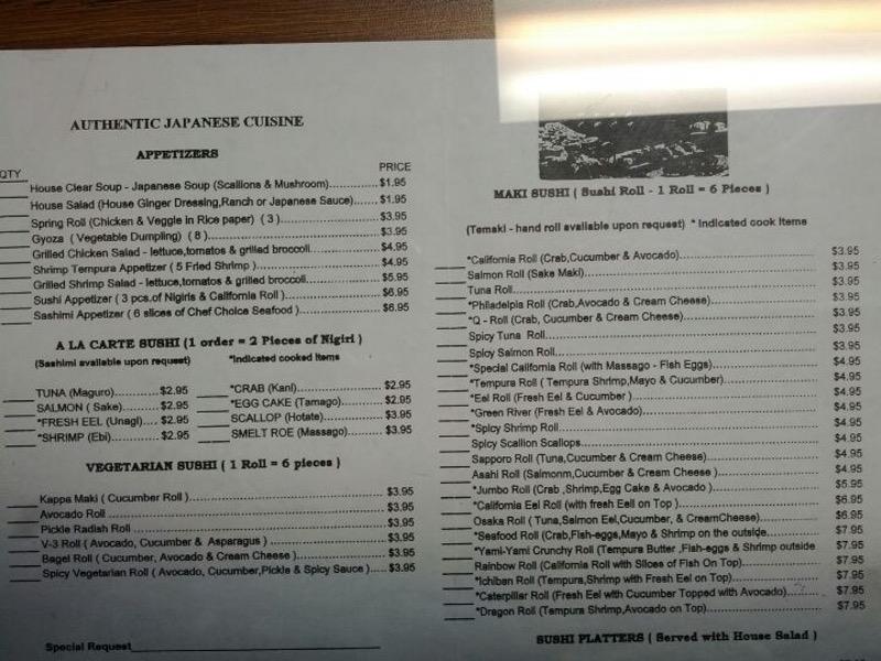 Menu at Osaka Japanese Restaurant and Sushi Bar, Sumter