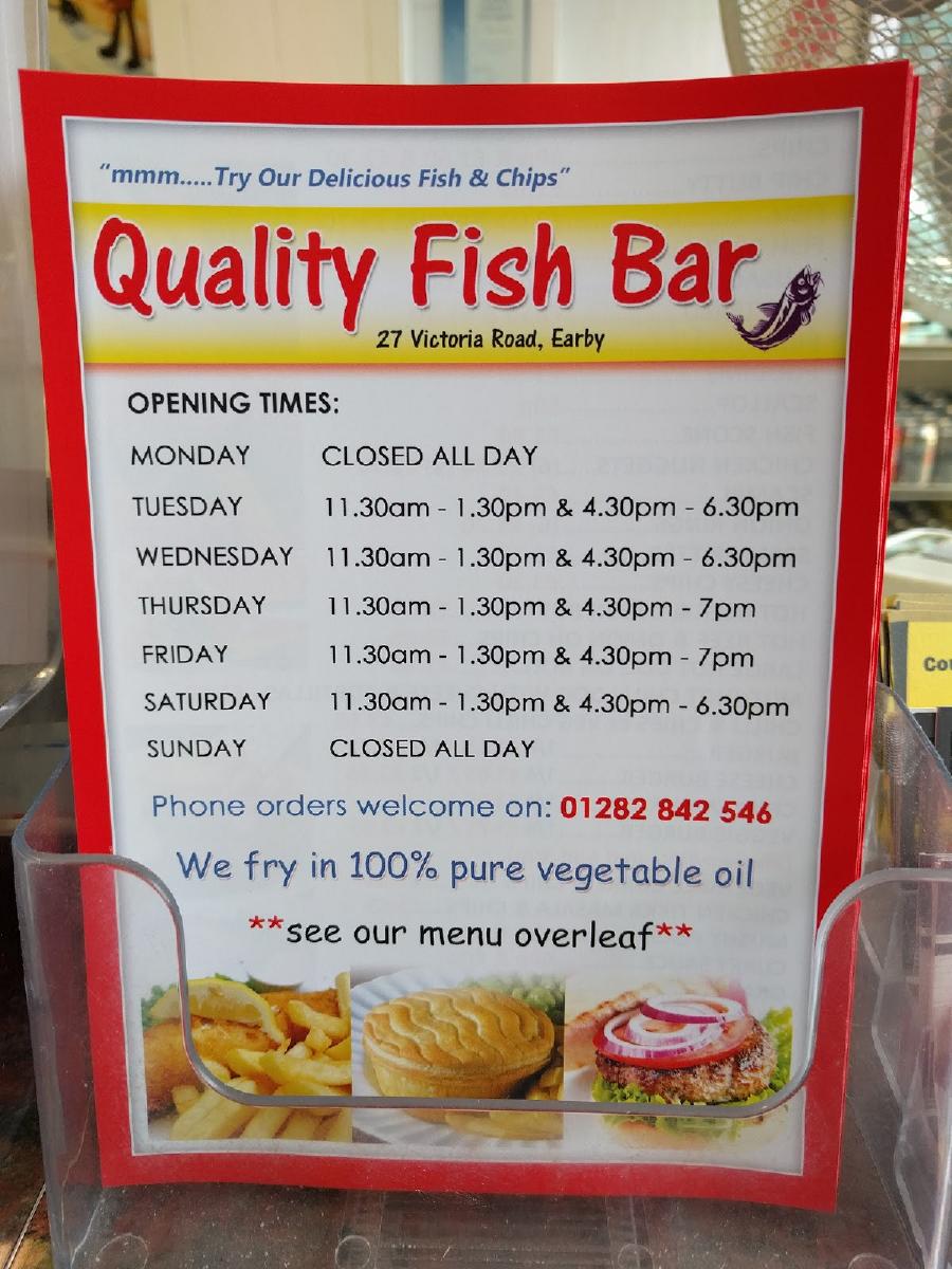 Menu at Quality Fish Bar, Barnoldswick