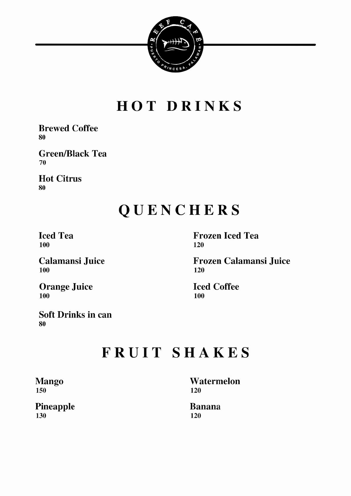 Menu at Reef Café Puerto Princesa restaurant, Puerto Princesa