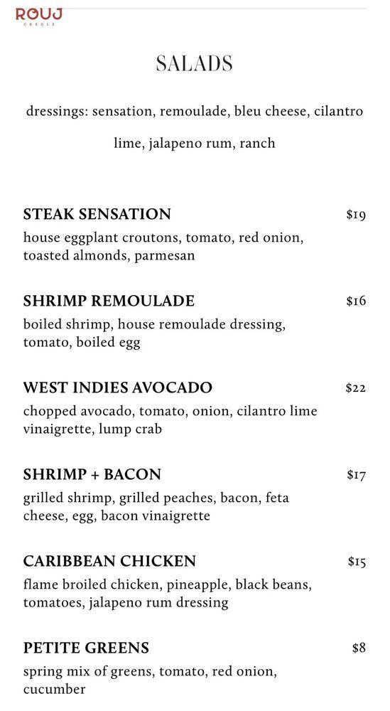 Menu at Rouj Creole restaurant, Baton Rouge