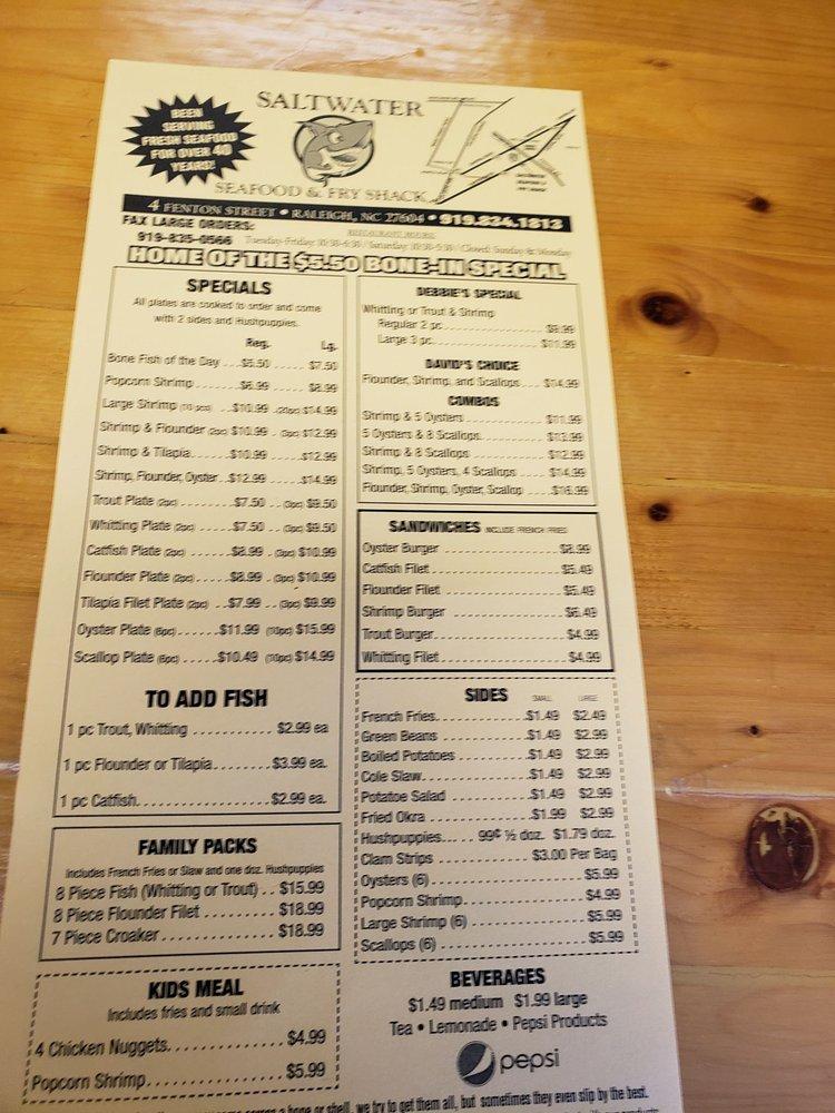 Menu at Saltwater Seafood & Fry Shack restaurant, Raleigh