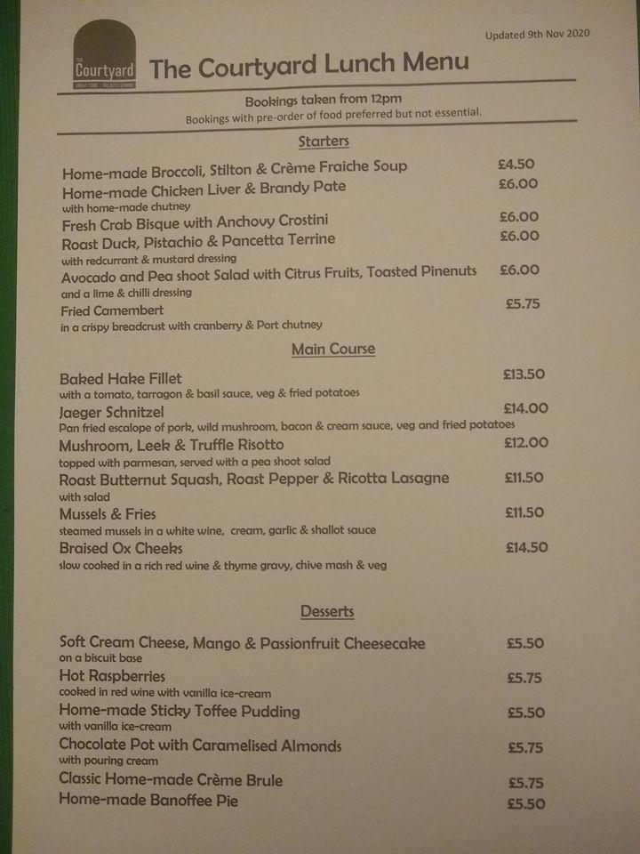 Menu at The Courtyard restaurant, Cupar