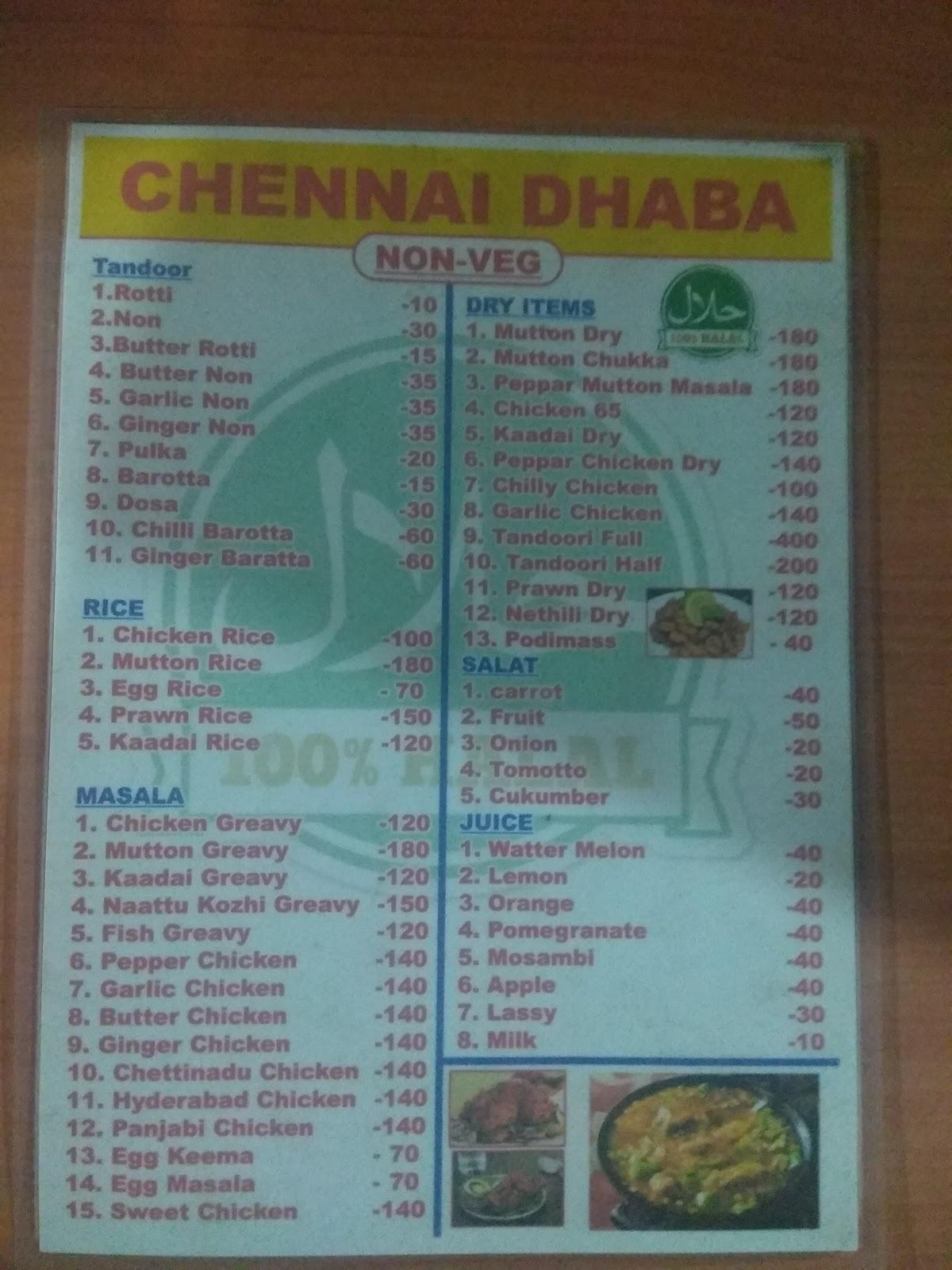 Menu at Chennai Dhaba, Sunguvarchatram