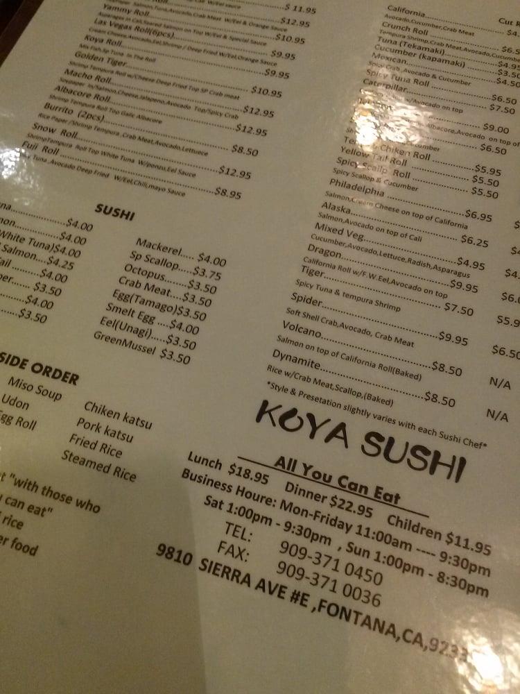 Menu at Koya Sushi restaurant, Fontana
