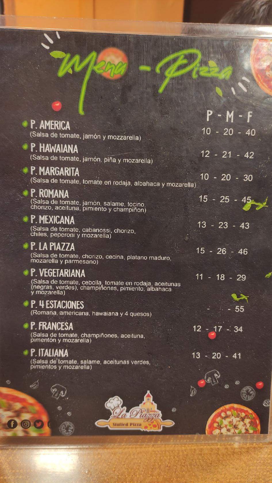 Menu at La Piazza restaurant, La Merced