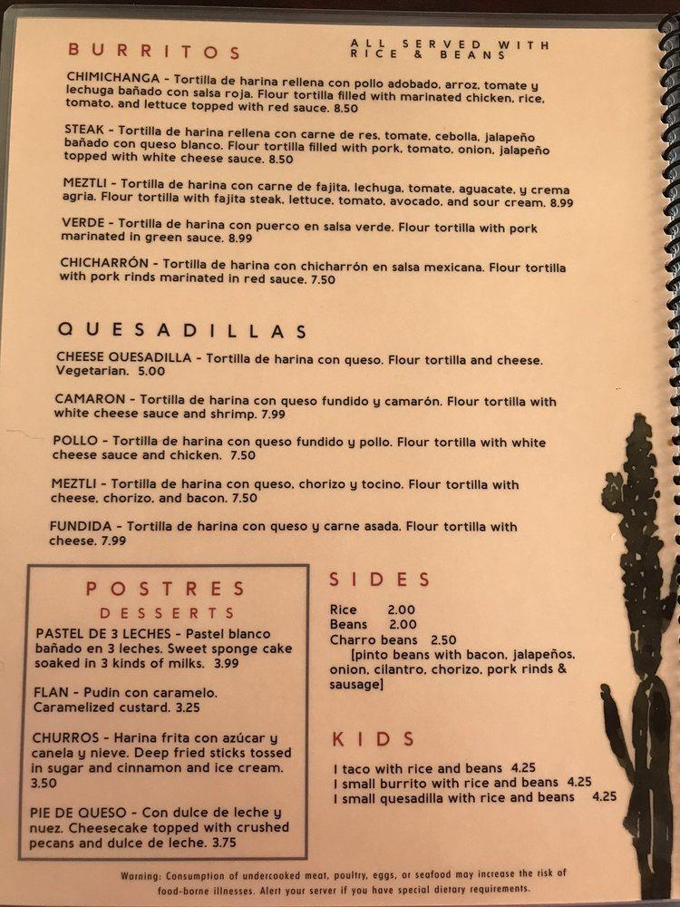 Menu at Meztli Restaurant, Lincoln