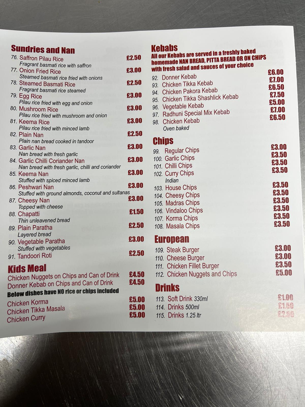 Menu at Radhuni Indian Restaurant, Glengormley