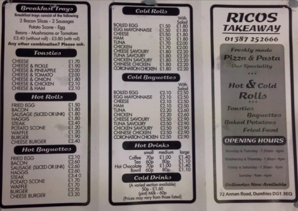 Menu at Rico's fast food, Dumfries, 72 Annan Rd