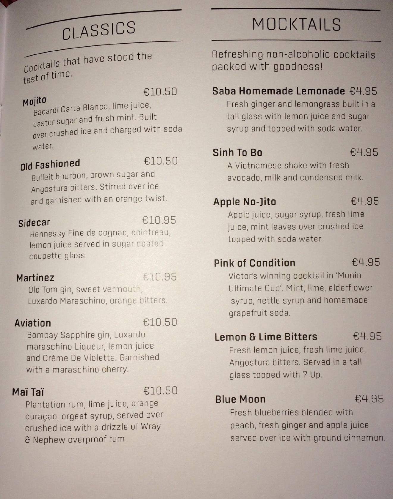 Menu at Saba Restaurant, Dublin, 7 William St S