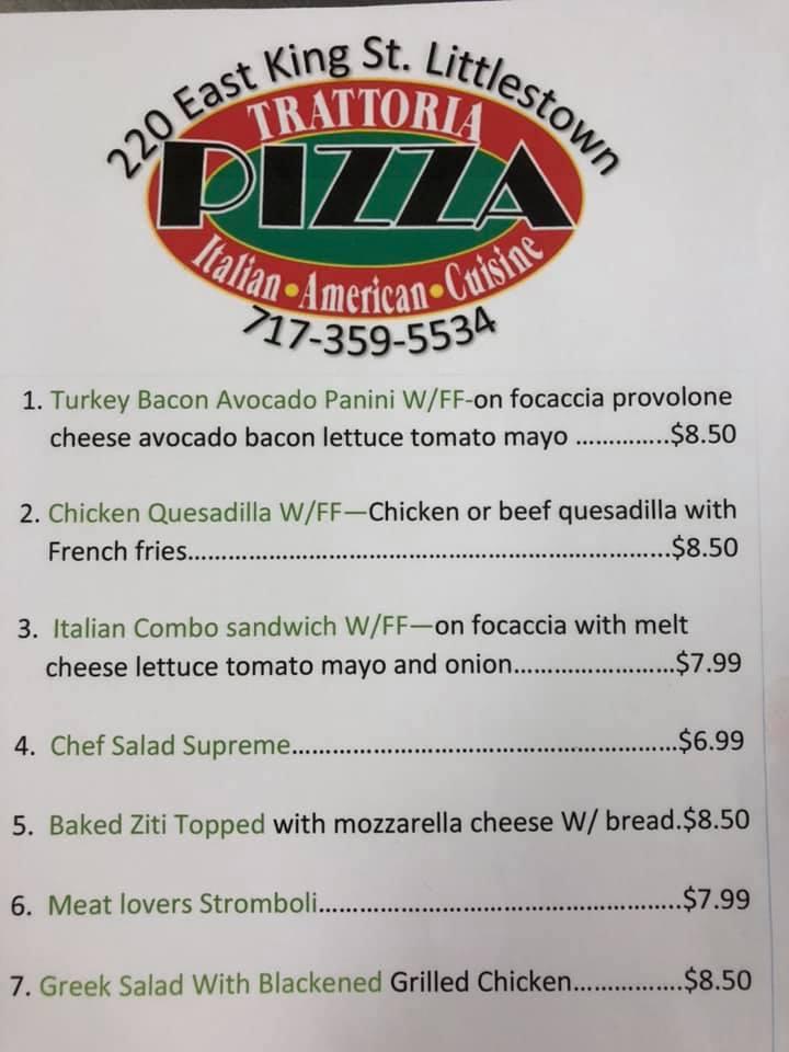 Menu at Trattoria Pizza pizzeria, Littlestown