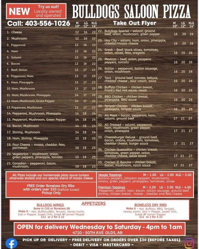Menu at Bulldogs Saloon pub & bar, Olds