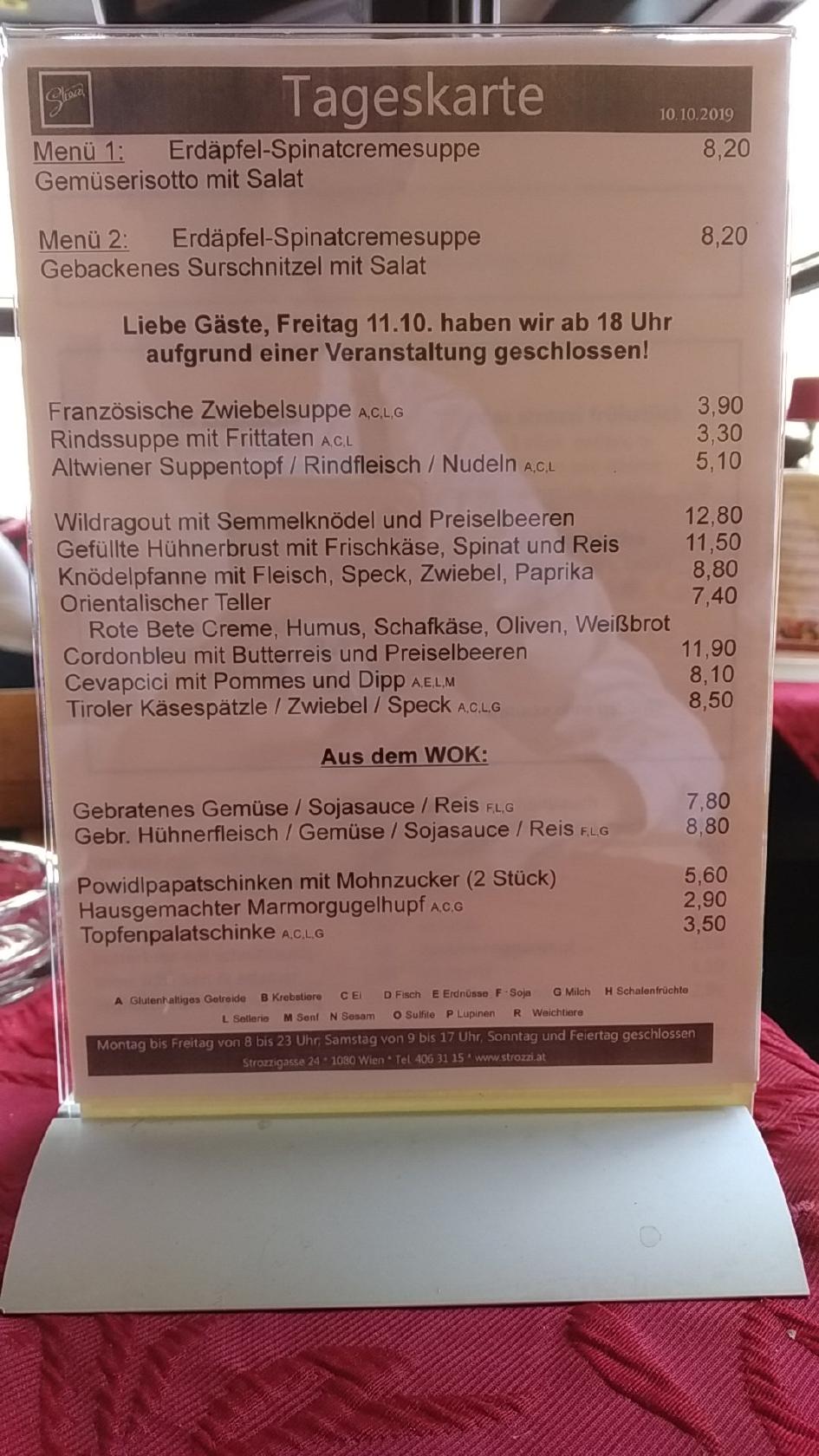 Speisekarte von Café Restaurant Strozzi, Wien