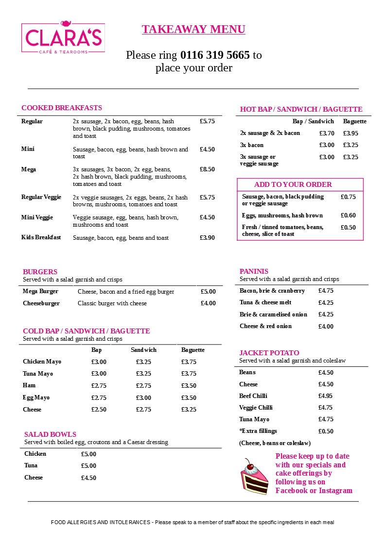 Menu at Clara's Cafe & Tearooms, Leicester