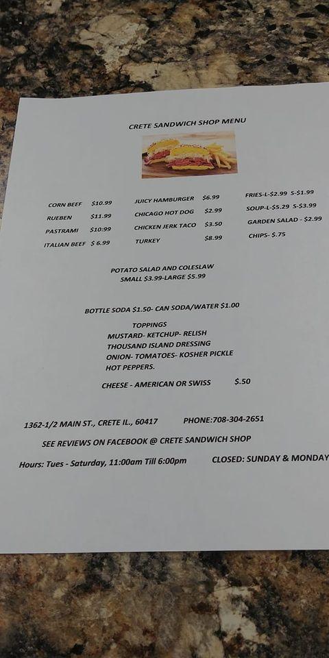 Menu at Crete Sandwich Shop restaurant, Crete