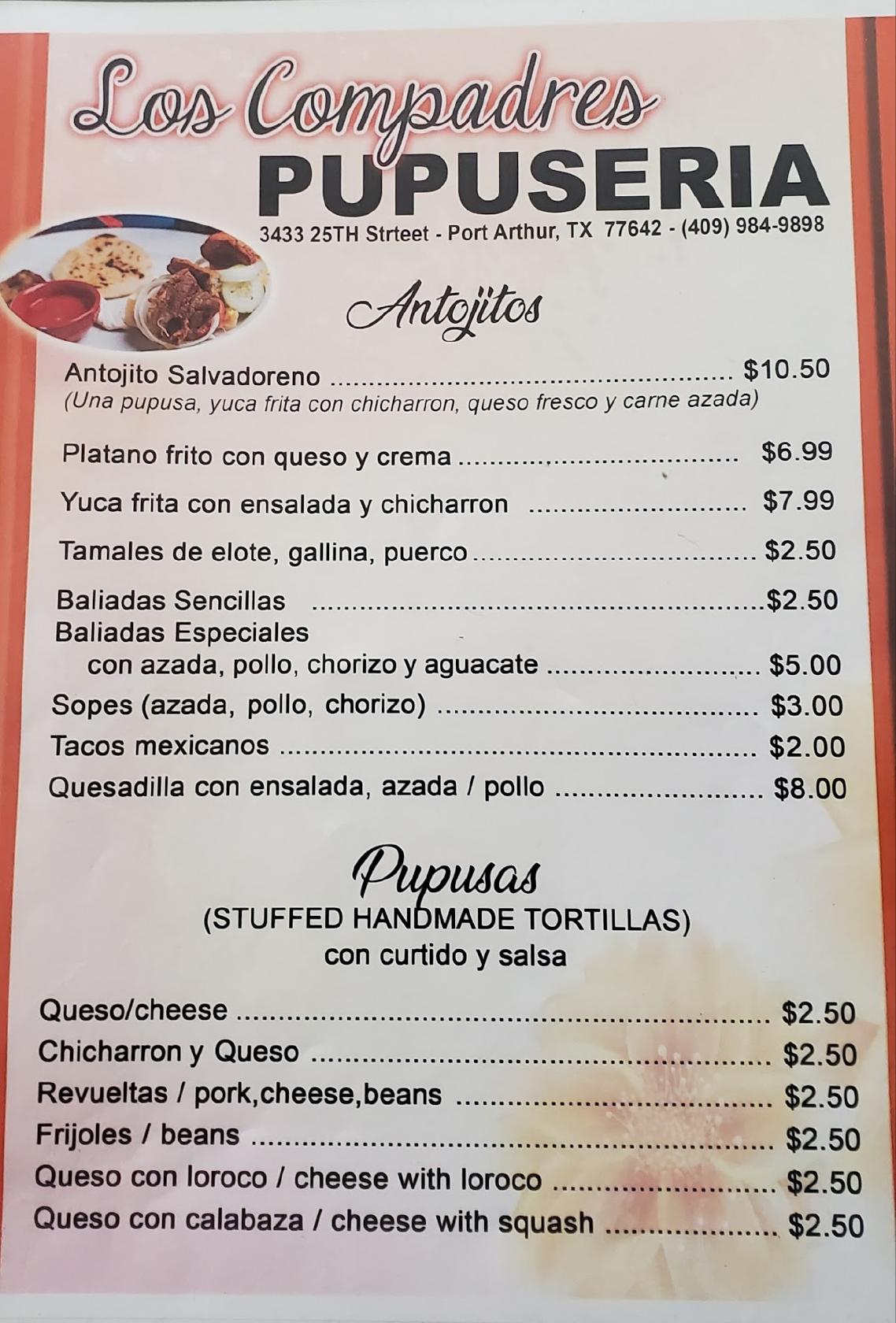 Menu at Los Compadres Pupuseria restaurant, Port Arthur