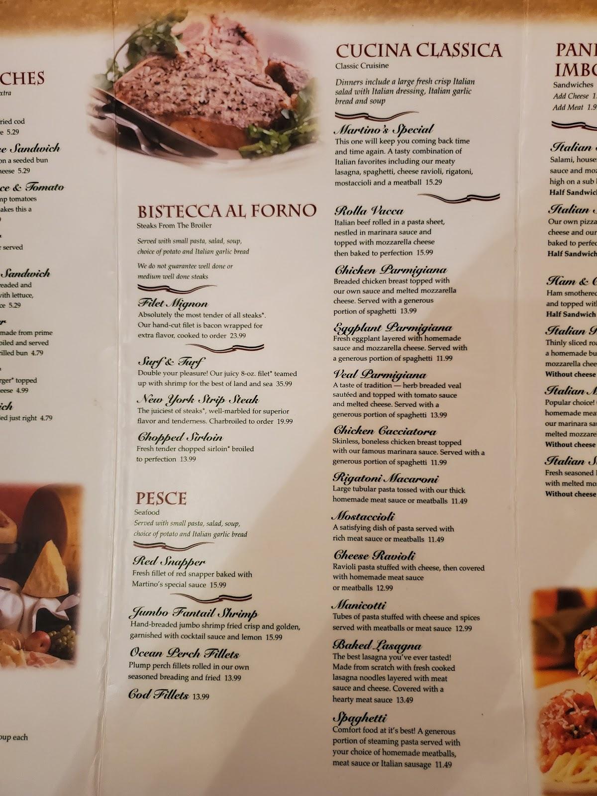 Menu at Martino's Italian Villa steakhouse, Kokomo