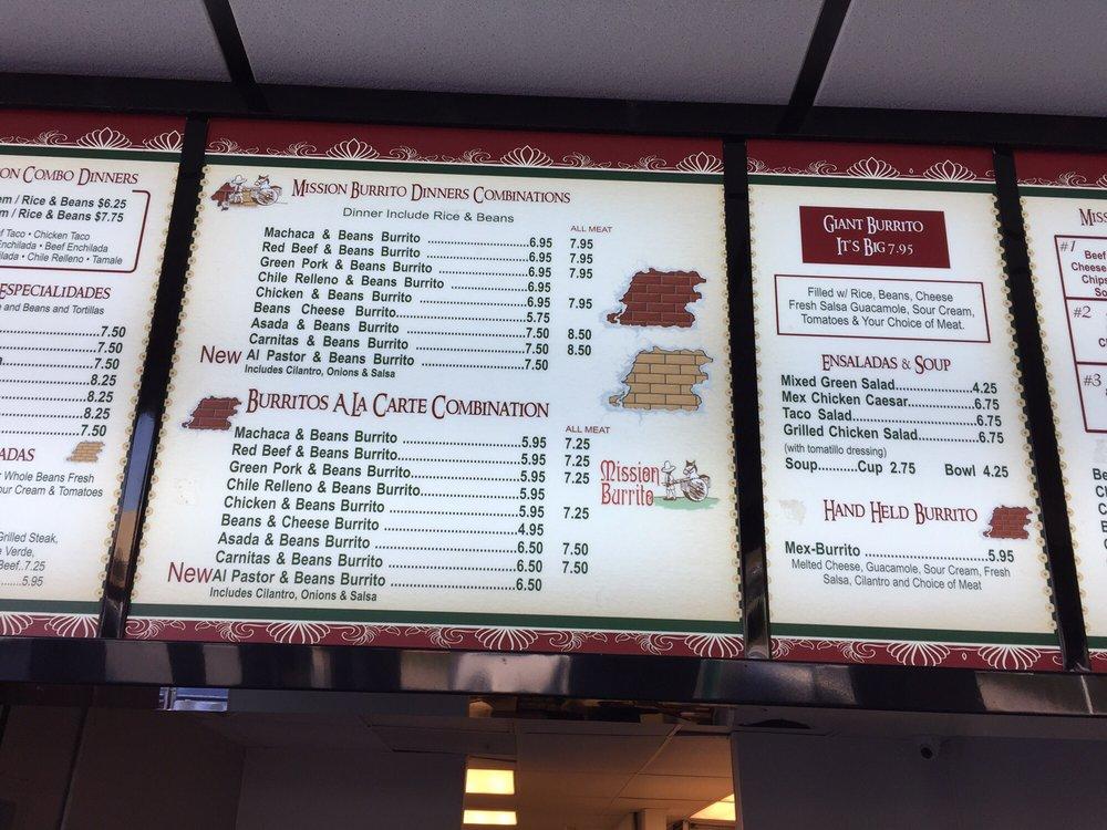 Menu at Mission Burrito restaurant, Los Angeles, Victory Blvd