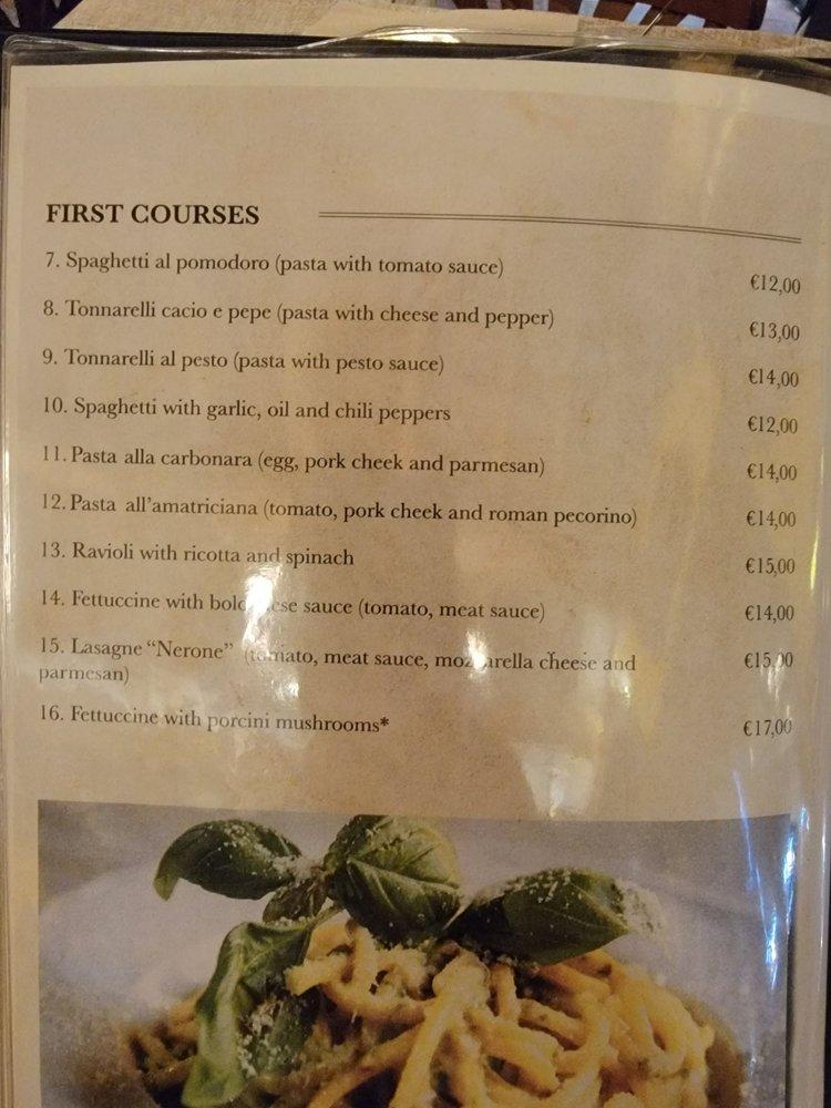Menu at Nerone pizzeria, Rome, Via del Viminale