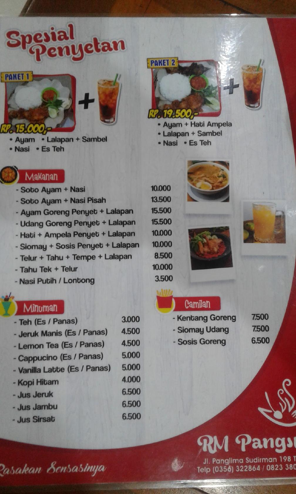 Menu at RM PANGSUD restaurant, Tuban
