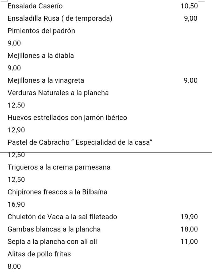 Menu at Restaurante El Caserío, San Lorenzo de El Escorial
