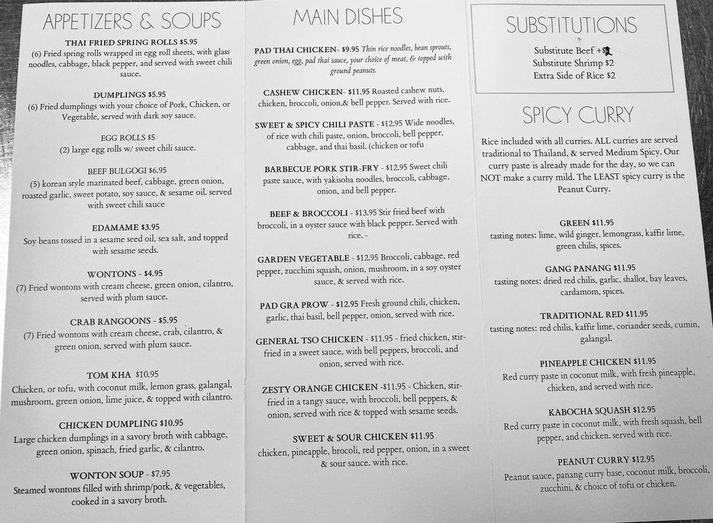 Menu at Secret Thai Cafe, Sandpoint