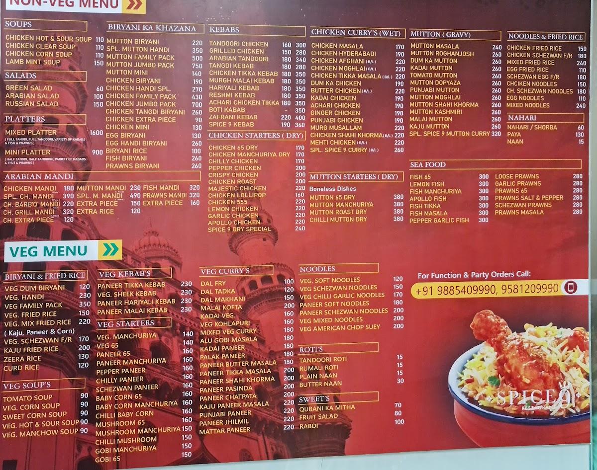 Menu at Spice 9 Restaurant, Hyderabad