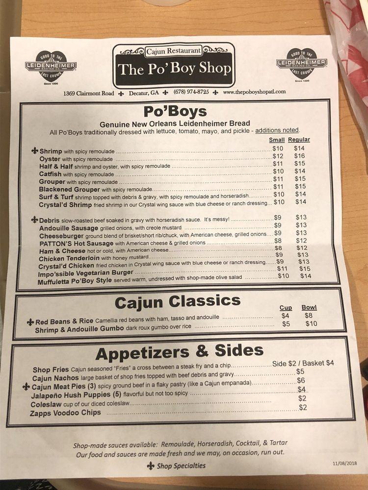 Menu at The Po'Boy Shop & Basement Bar, Decatur