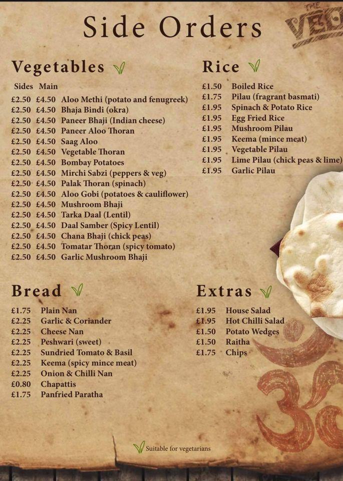 Menu at The Vedas restaurant, Todmorden
