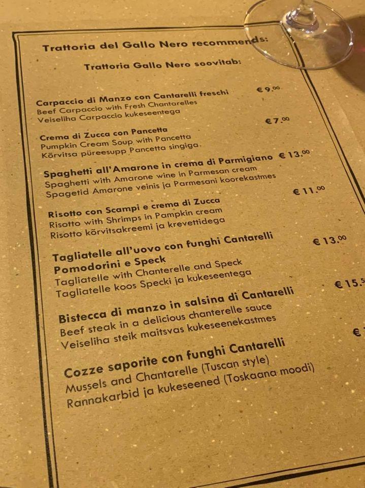 Menu at Trattoria Del Gallo Nero restaurant, Tallinn