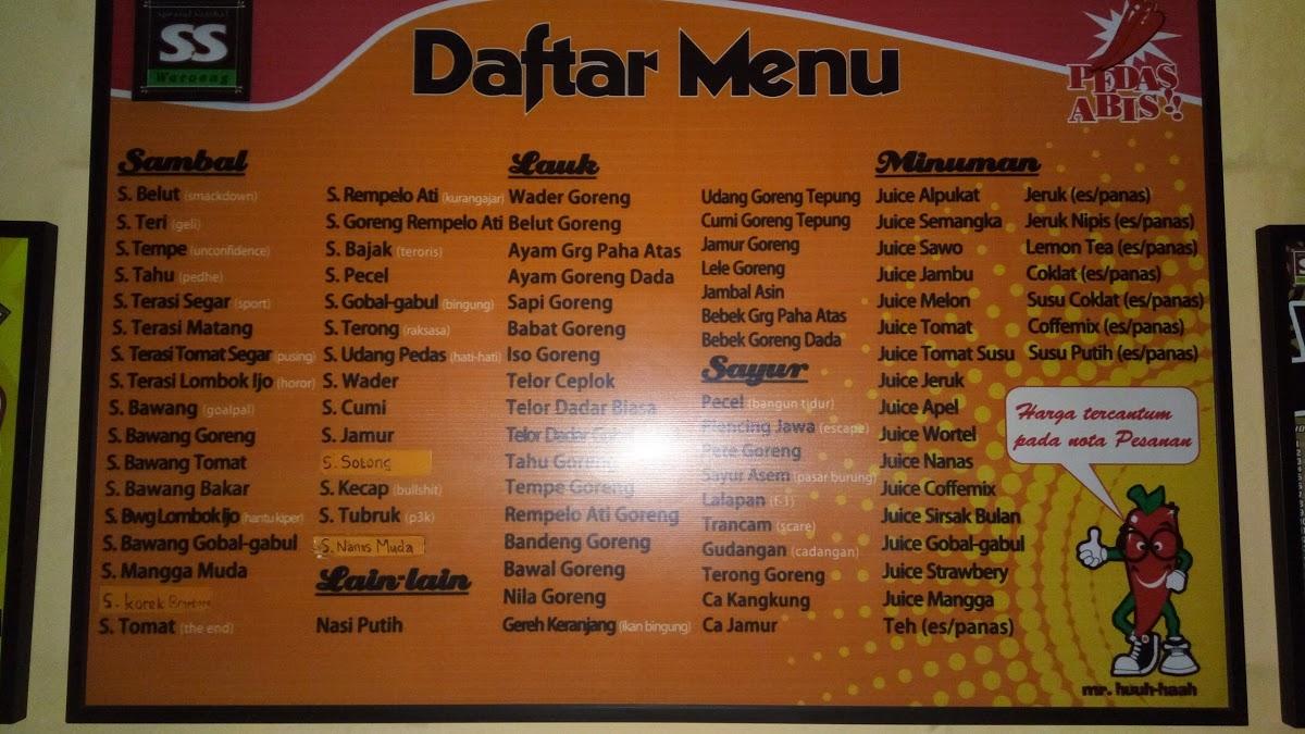 Menu at Waroeng SS Sampangan restaurant, Semarang, Jl. Menoreh Raya No.69