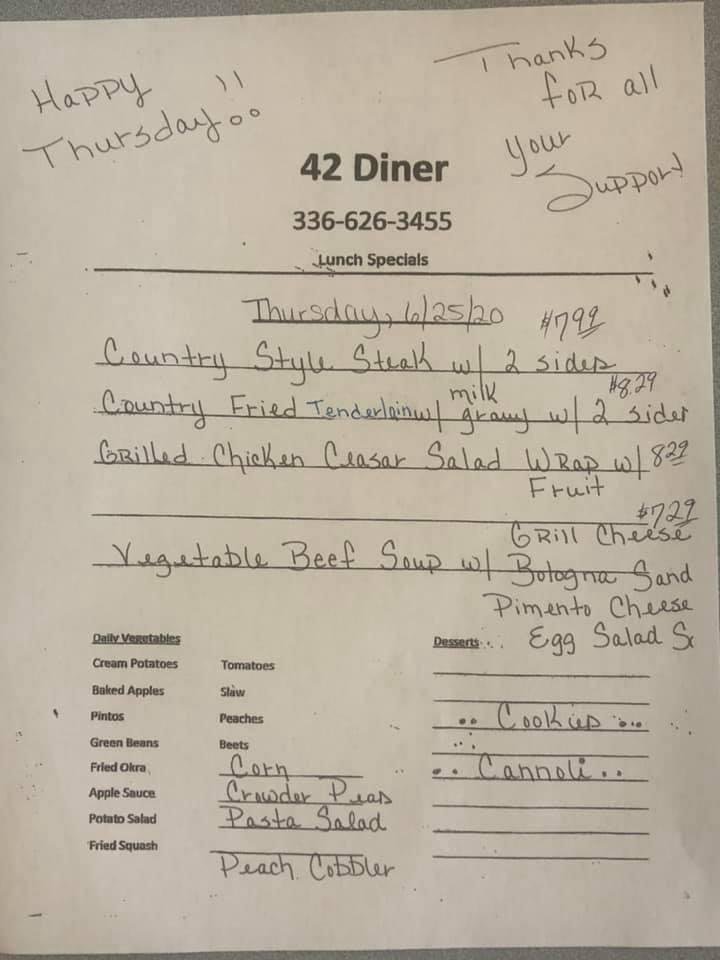 Menu at 42 Diner restaurant, Asheboro