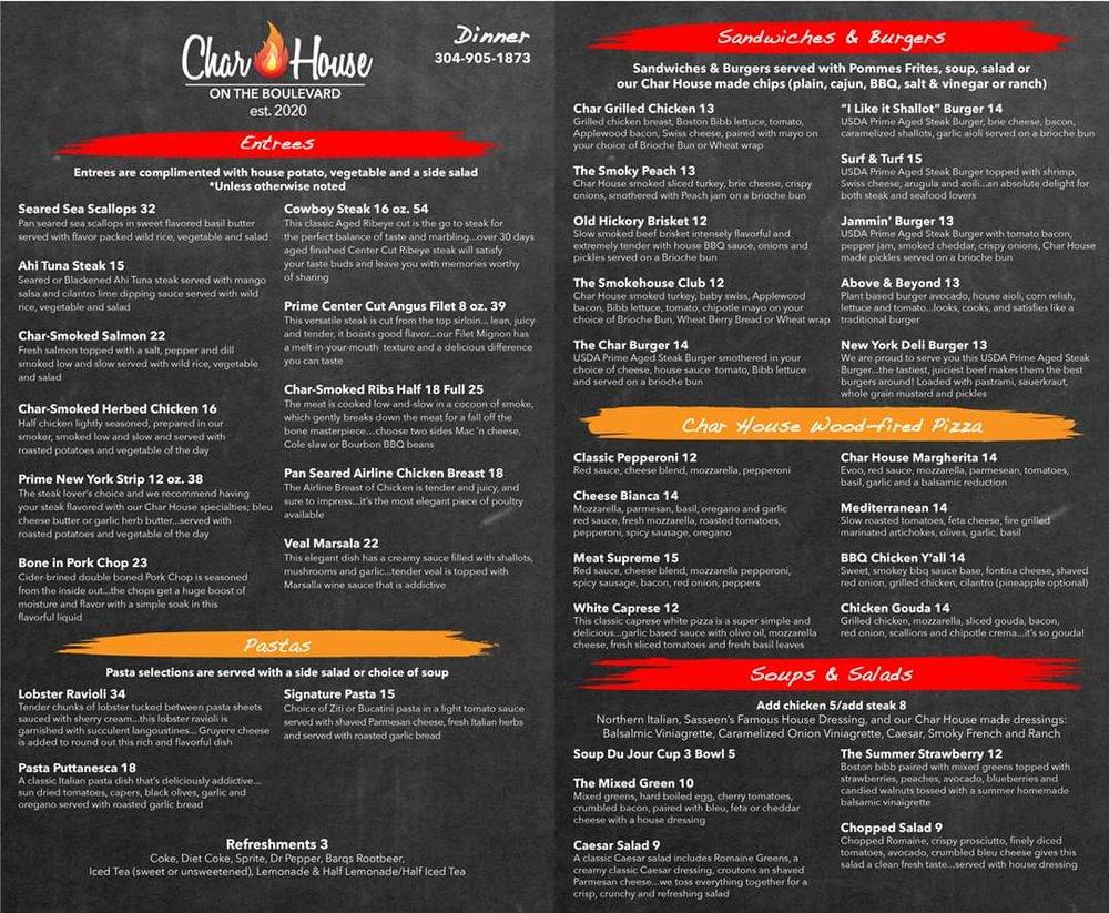 Carta de pizzería Char House on the Boulevard, Wheeling