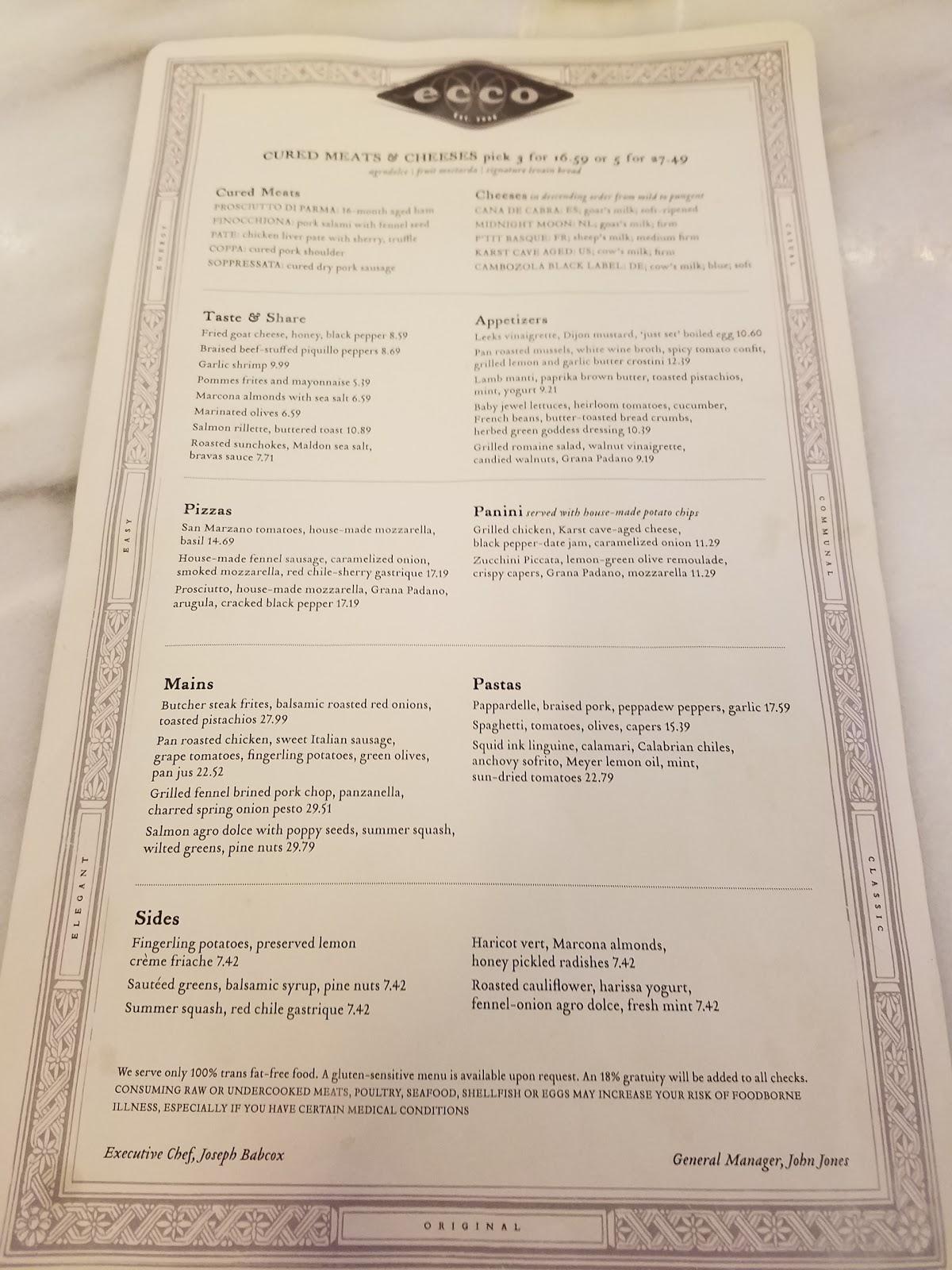 Menu at Ecco Airport restaurant, Atlanta, N Terminal Pkwy