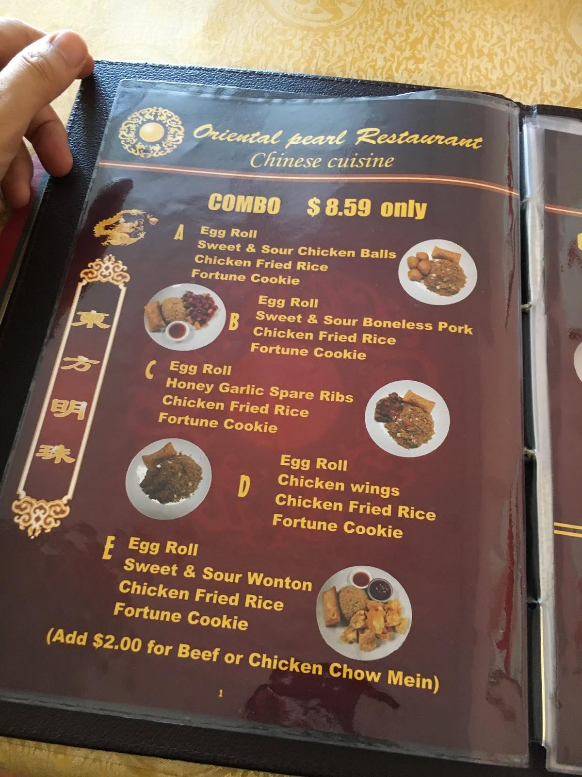 Menu at Oriental Pearl restaurant, Fredericton