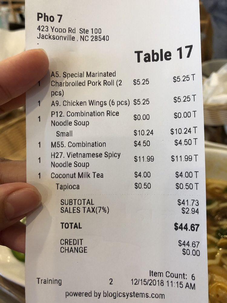 Menu at Pho 7 restaurant, Jacksonville