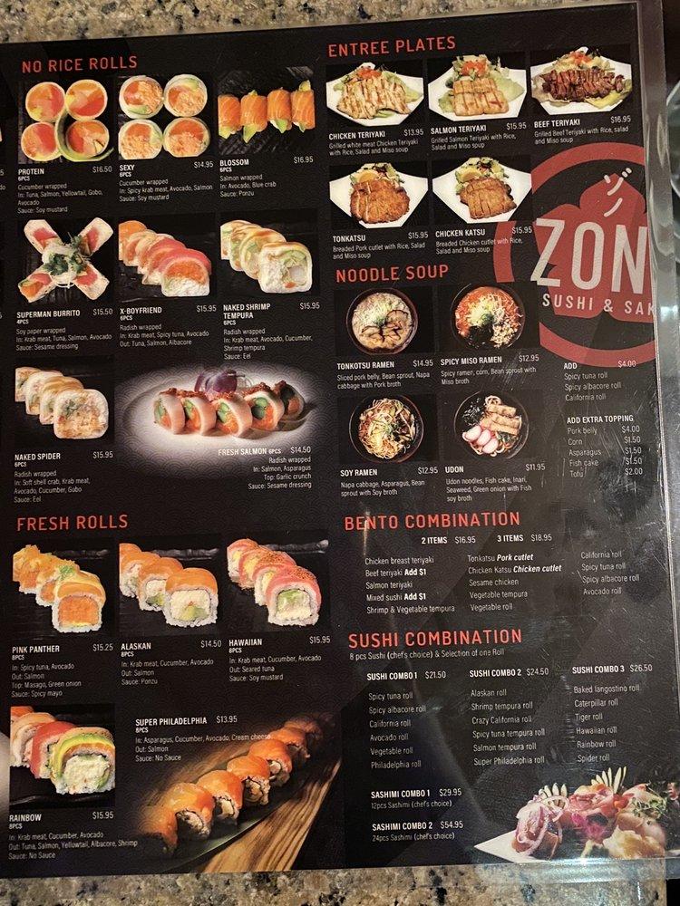 Menu at Zono Sushi restaurant, Glendale
