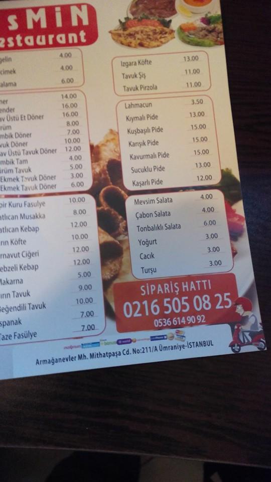 Menu at Asmin Restaurant, Istanbul
