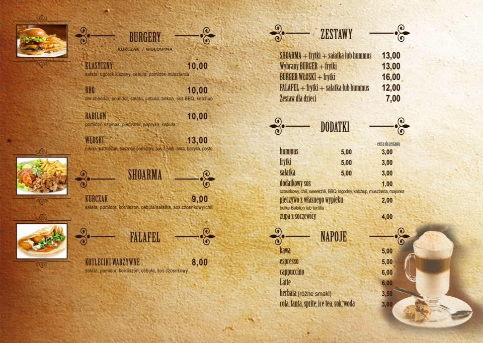 Menu at Babilon cafe, Torun