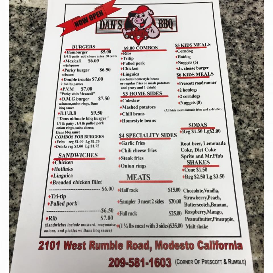 Menu at Dan’s BBQ, Modesto